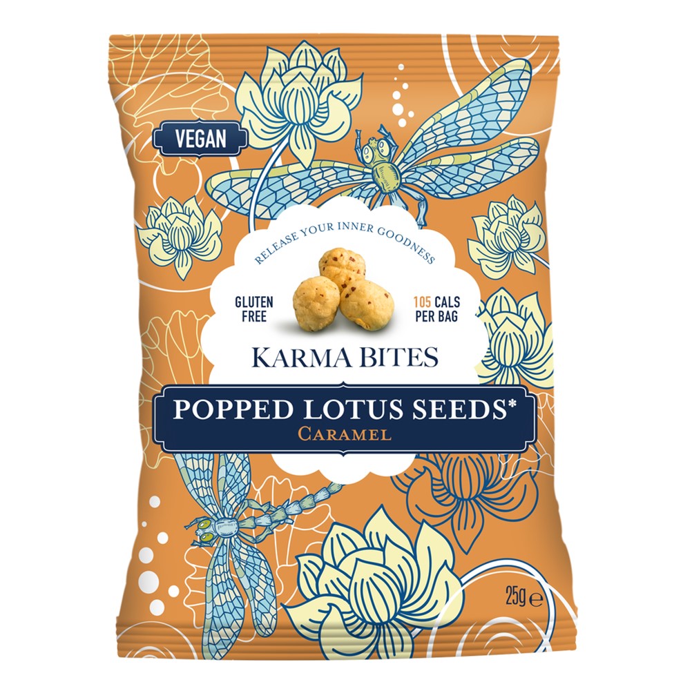 Karma Bites Popped Lotus Seeds Caramel - 12x25g packets - Go Jumbo